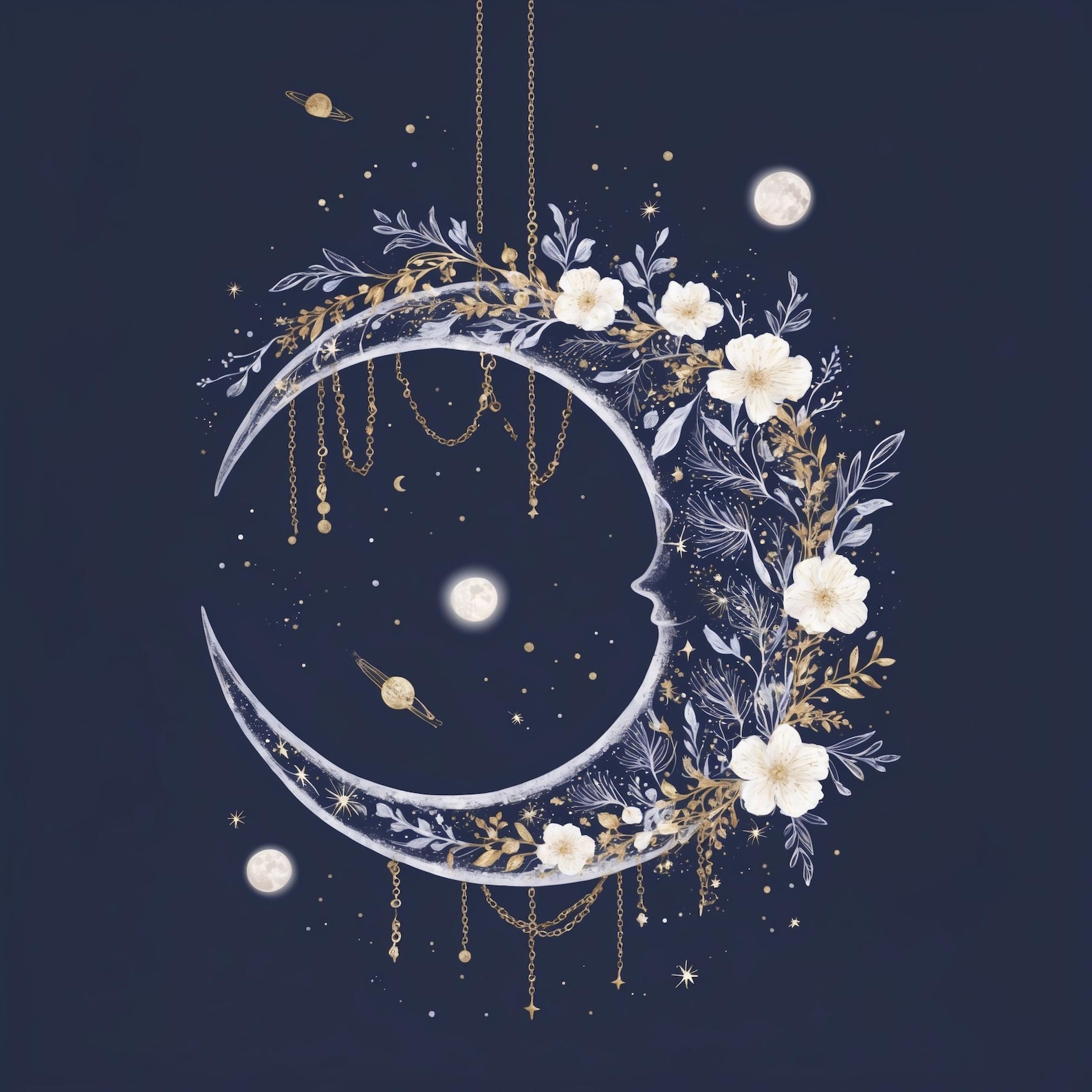 Whimsical Celestial Crescent Moon Art Floral Patterns & Golden Chains ...