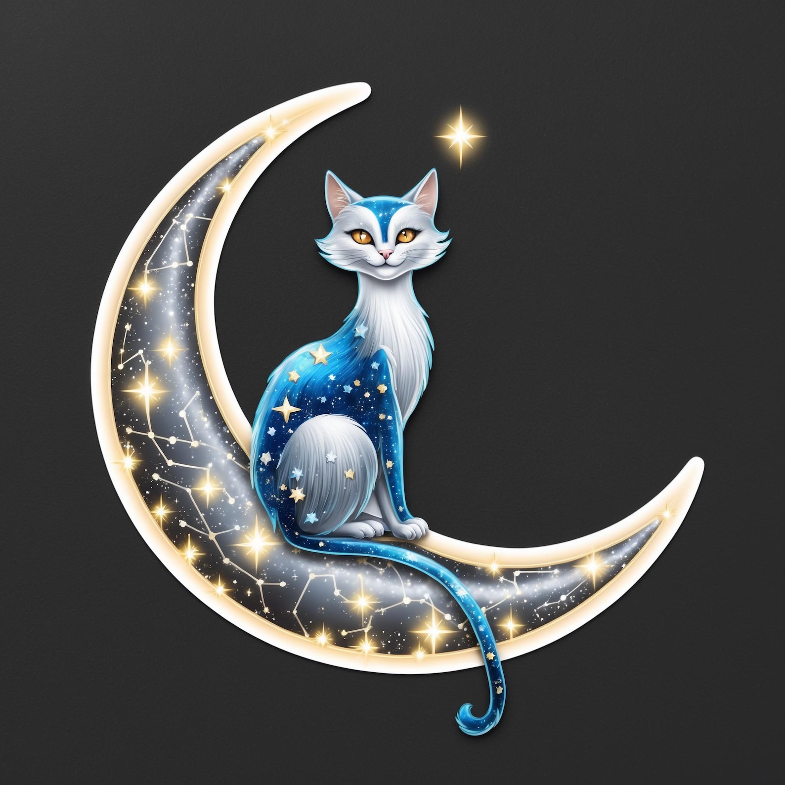 Celestial Cat on Crescent Moon Art Print | Whimsical Silver & Blue ...