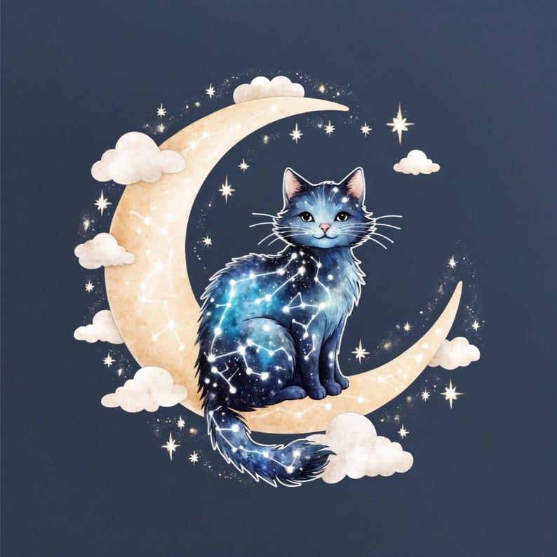 Celestial Cat on Crescent Moon Illustration | Whimsical Galaxy Fur Art ...