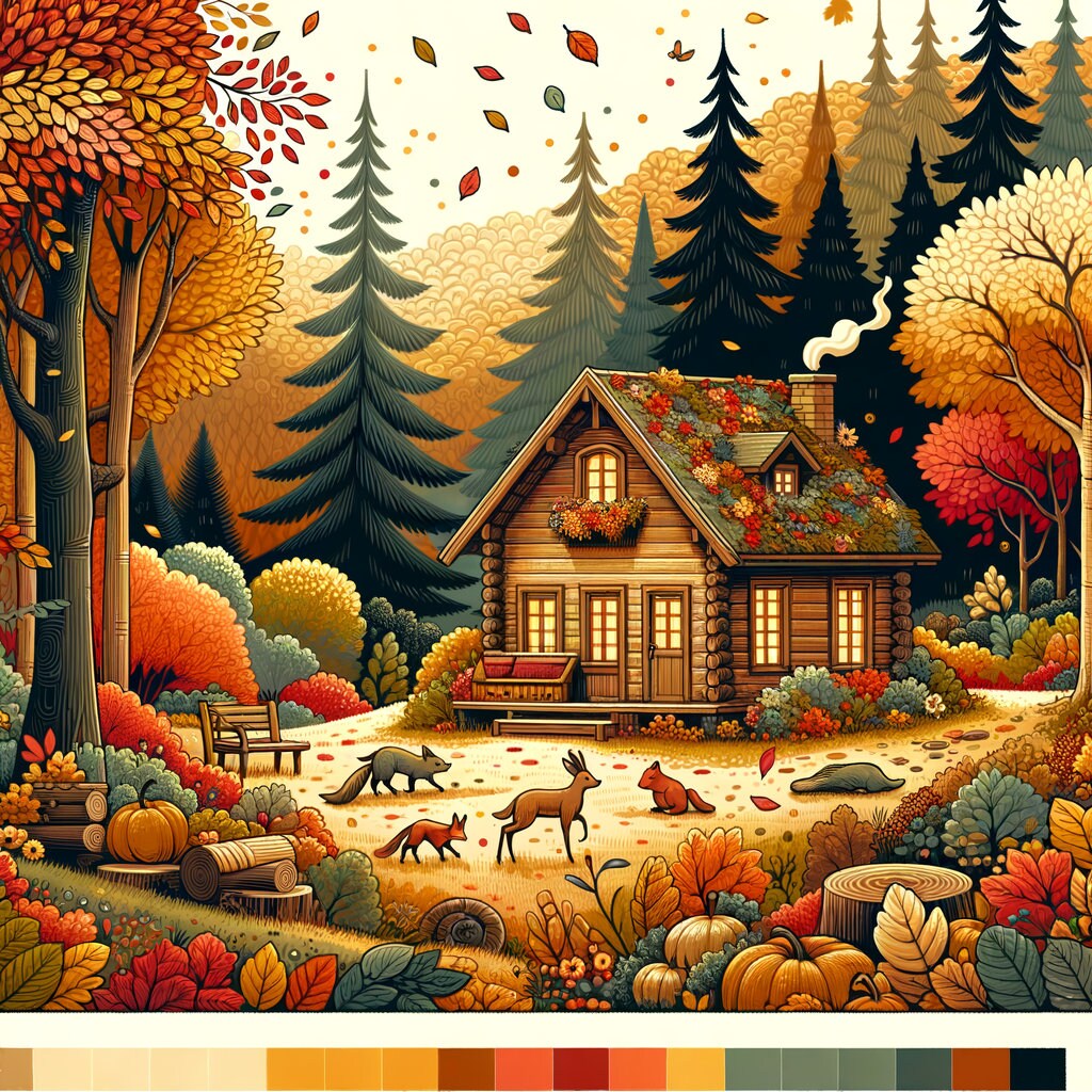 Whimsical Autumn Woodland Cabin Illustration With Forest Animals, Cozy ...