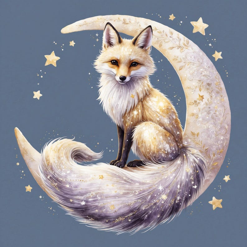 Celestial Fox Watercolor Art, Glowing Fur on Crescent Moon, Whimsical Decor, Mystical Wall Art ...