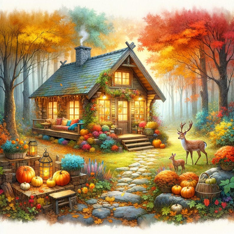 Whimsical Autumn Woodland Cabin Digital Painting With Deer Family ...