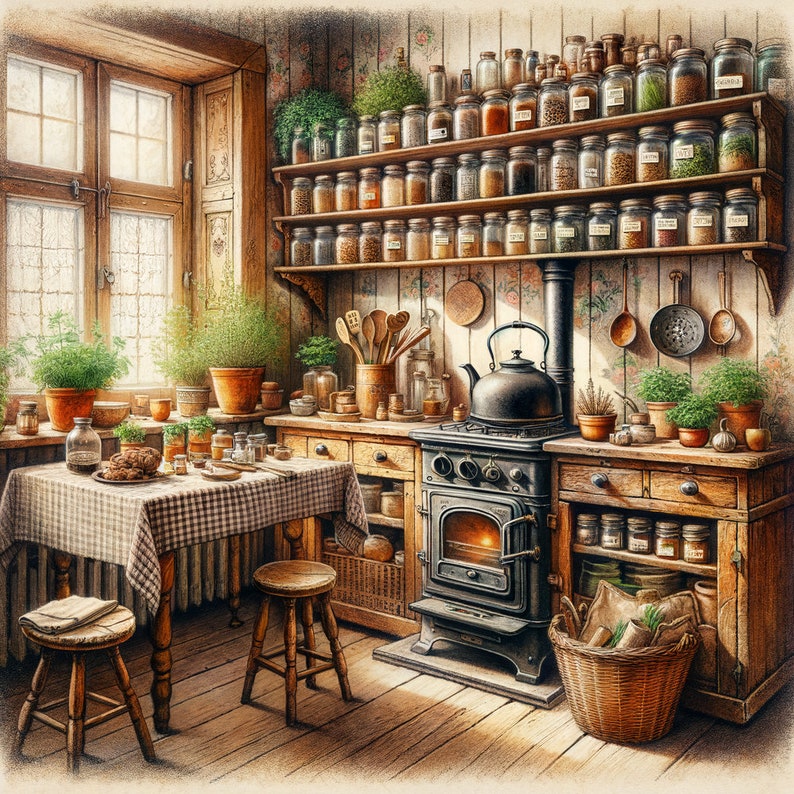 Vintage Rustic Kitchen Watercolor Art Cozy Wooden Shelves, Old ...