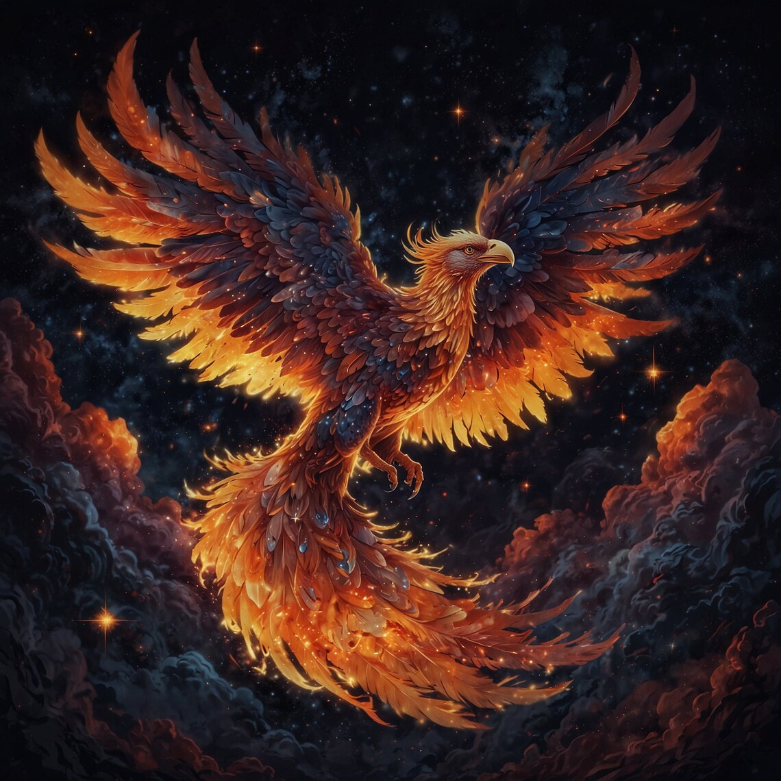 Majestic Phoenix Rising Digital Art Print Fiery Fantasy Illustration ...