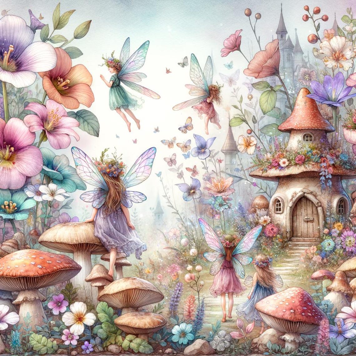 Enchanting Fairy Garden Watercolor Digital Art Whimsical Floral Scene ...