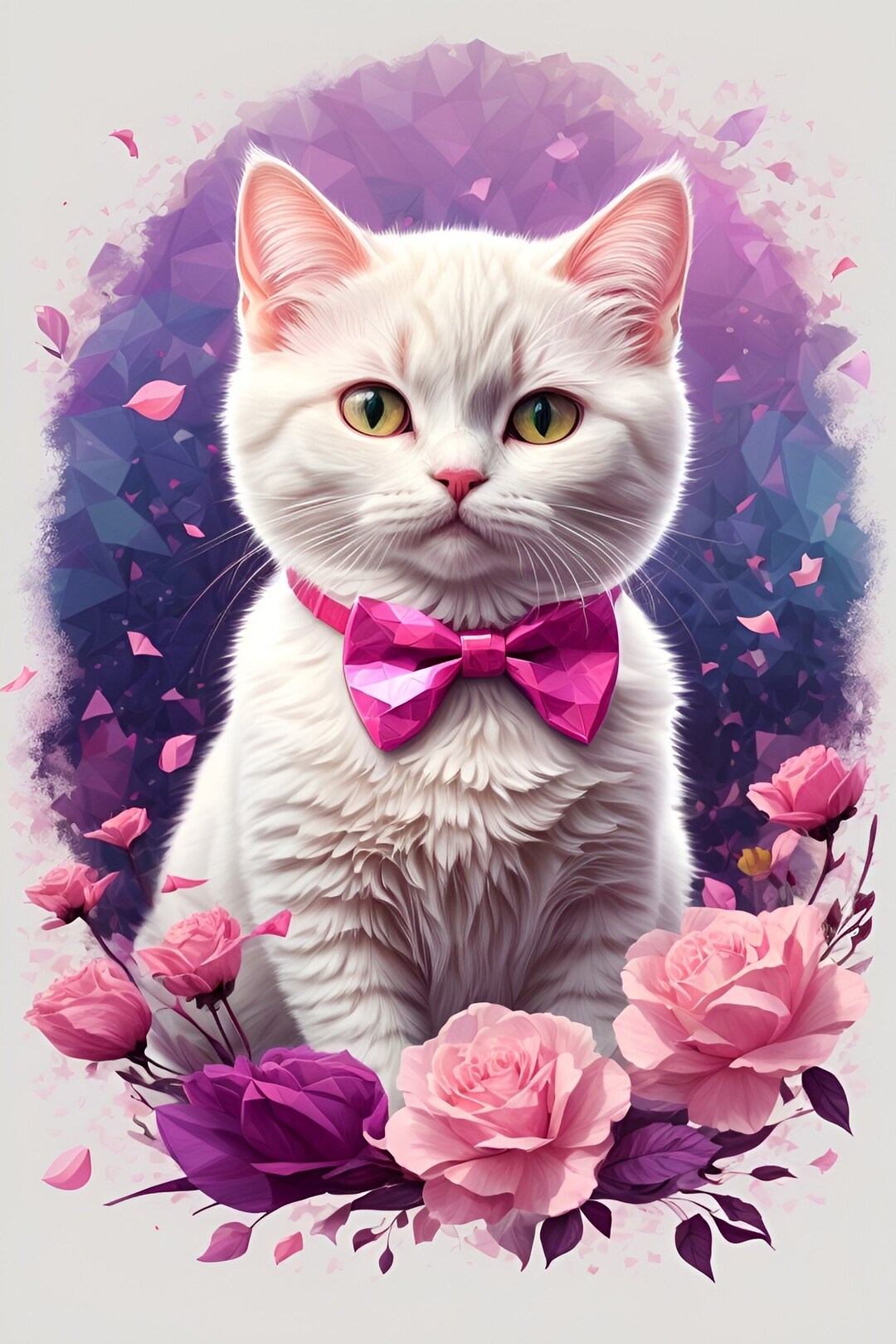 Cubism-splash Art Cat With Pink Flowers Unique Fusion Style Digital ...