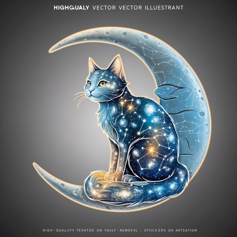 Whimsical Celestial Cat on Crescent Moon - Detailed Vector Art for ...
