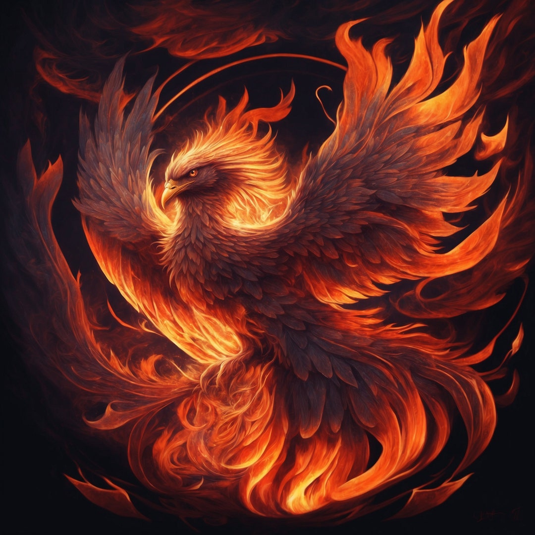 Majestic Phoenix Rising Illustration Fantasy Art Print, Fiery Rebirth ...