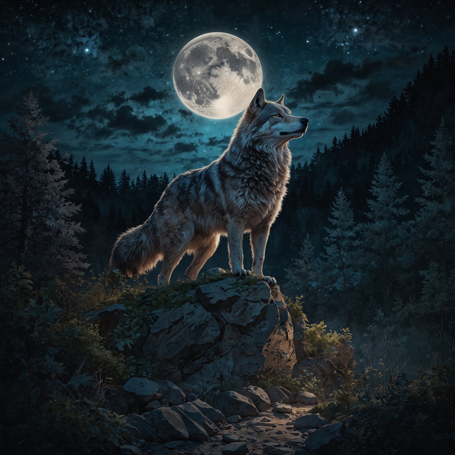 Majestic Wolf Under Moonlight Digital Art Print Realistic Forest Scene With Glowing Eyes and ...