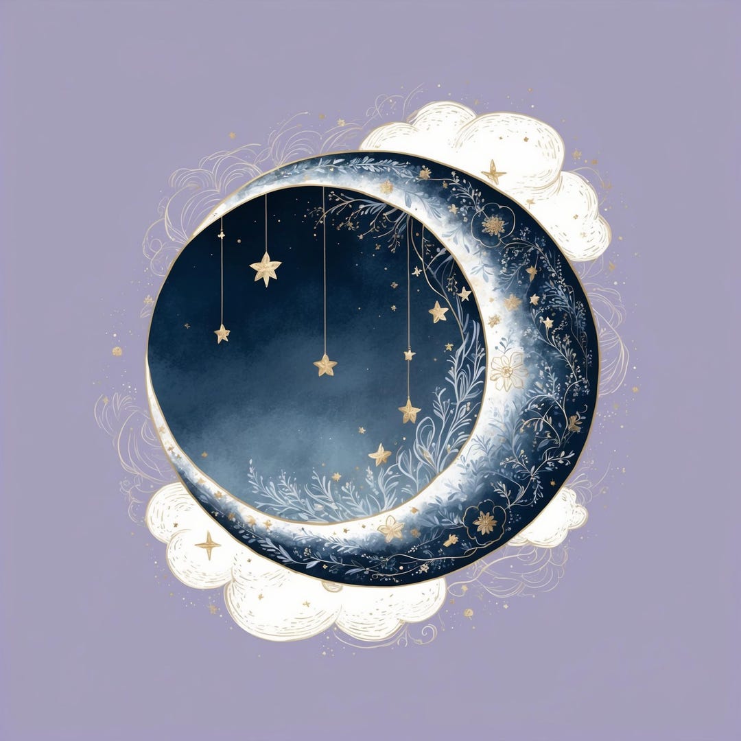 Whimsical Celestial Crescent Moon Art Floral Patterns & Glowing Stars ...