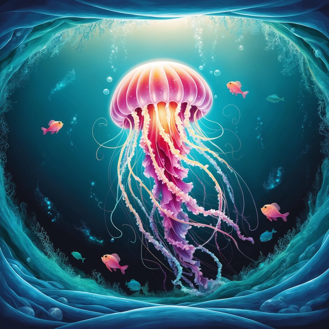 Whimsical Underwater World Art Majestic Jellyfish & Bioluminescent Sea ...