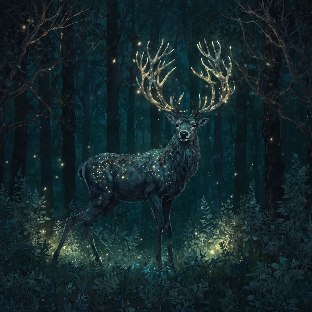 Majestic Stag in Enchanted Forest Digital Art Print Ethereal Antlers ...
