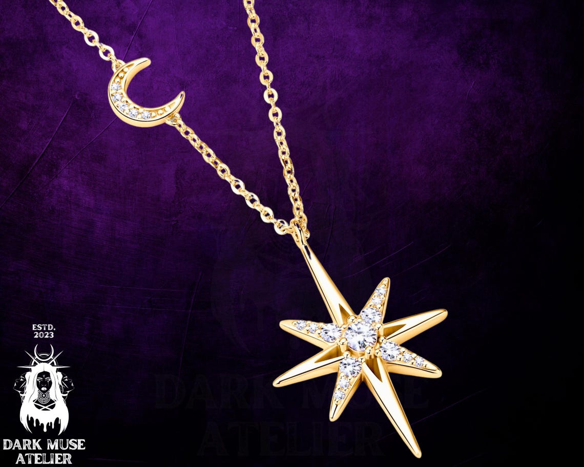Crescent Moon and Star Necklace 925 Sterling Silver Moon Star 18K Solid ...