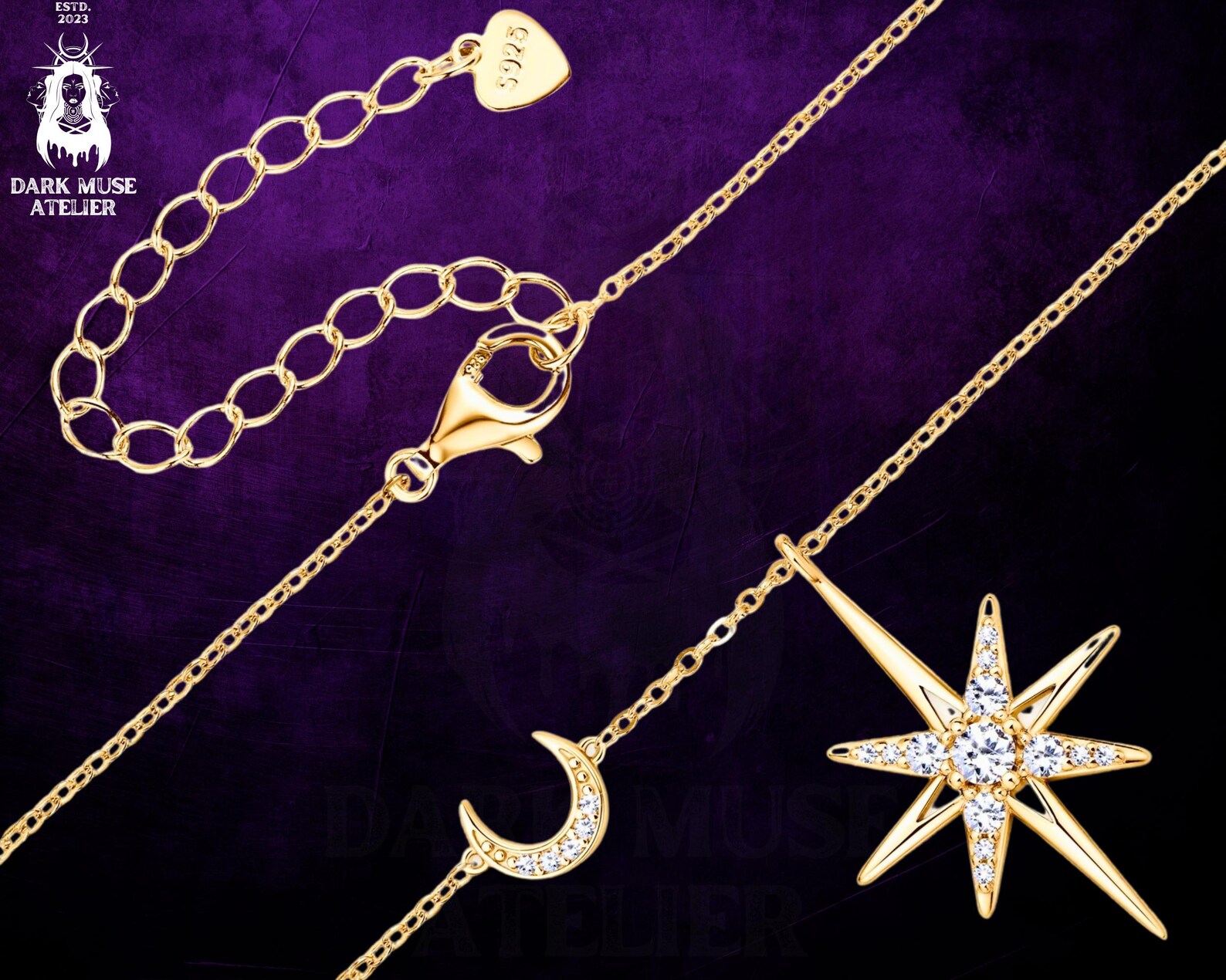 Crescent Moon and Star Necklace 925 Sterling Silver Moon Star 18K Solid ...