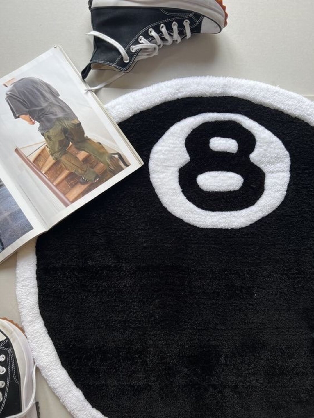 8 Ball Tufted Rug, Black Round Shaggy Area Hand Tufted Billiards Rug ...