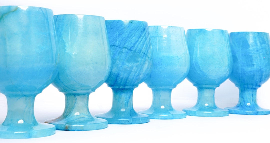 Light Blue Marble Goblets Set of 6, Elegant Wine Glasses, 150 Ml ...