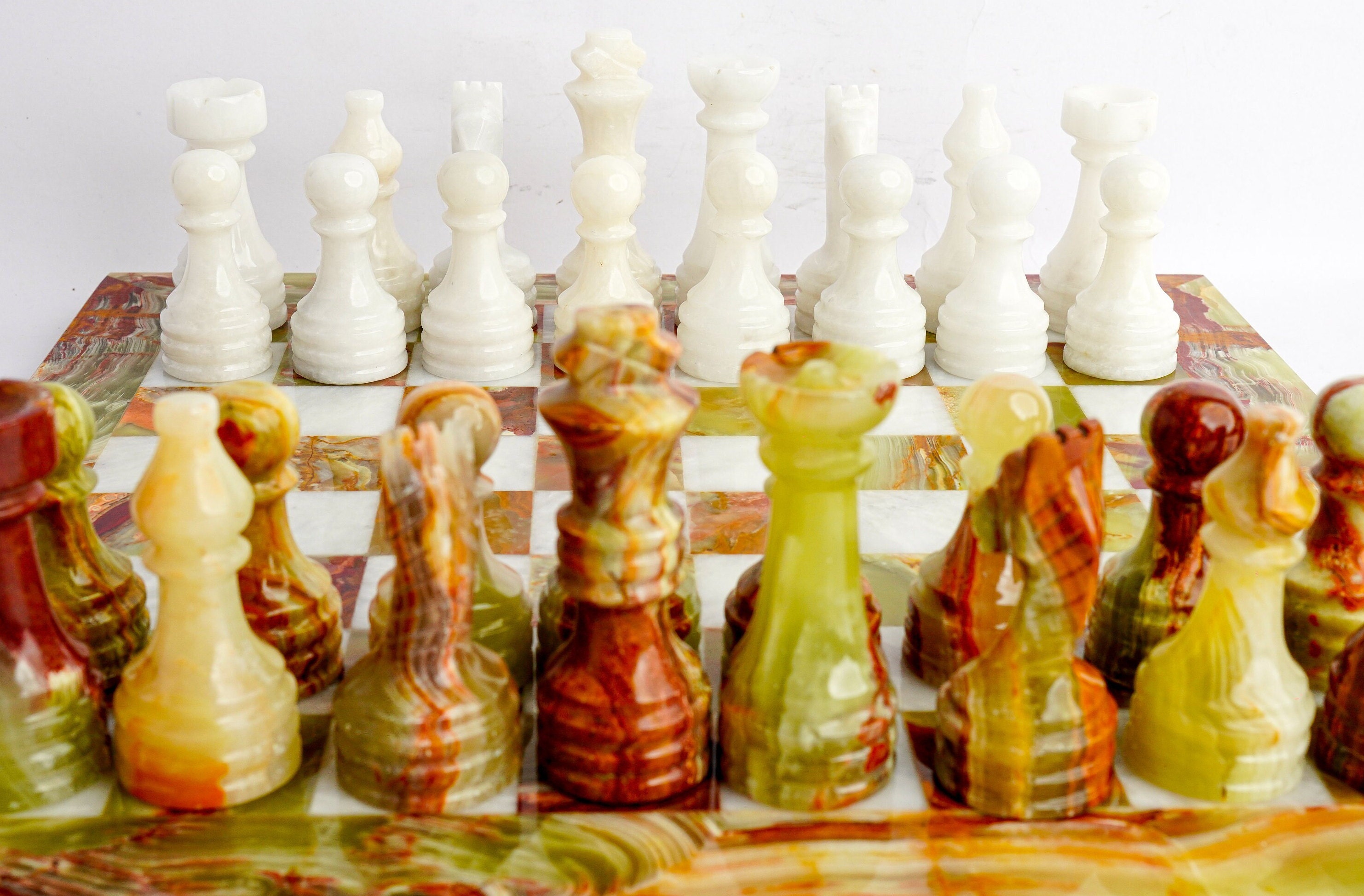 Green & White Marble Handcrafted Chess Set, 30 Cm X 30 Cm Green Borders ...