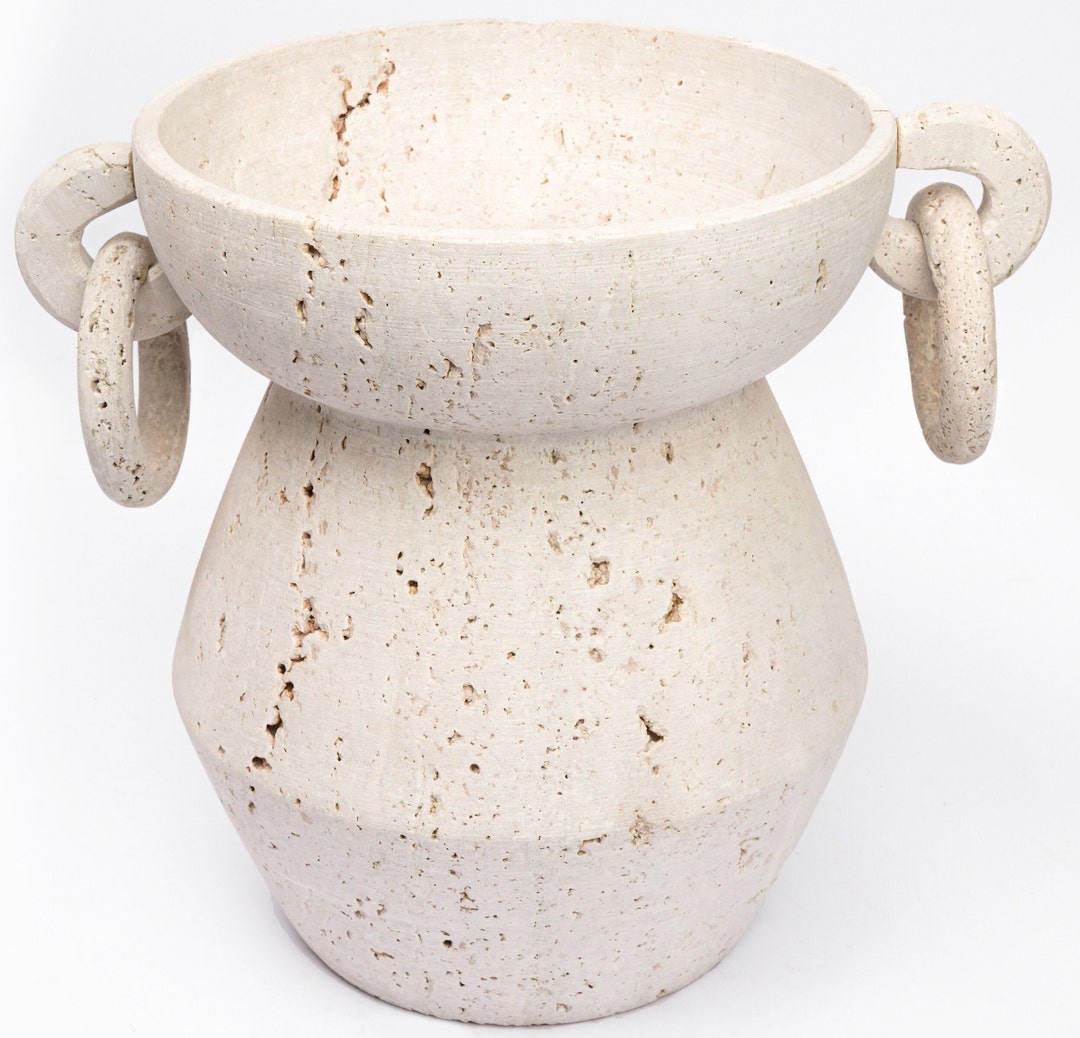 Travertine Vase Handmade With Rings on Sides , Height = 10" and ...