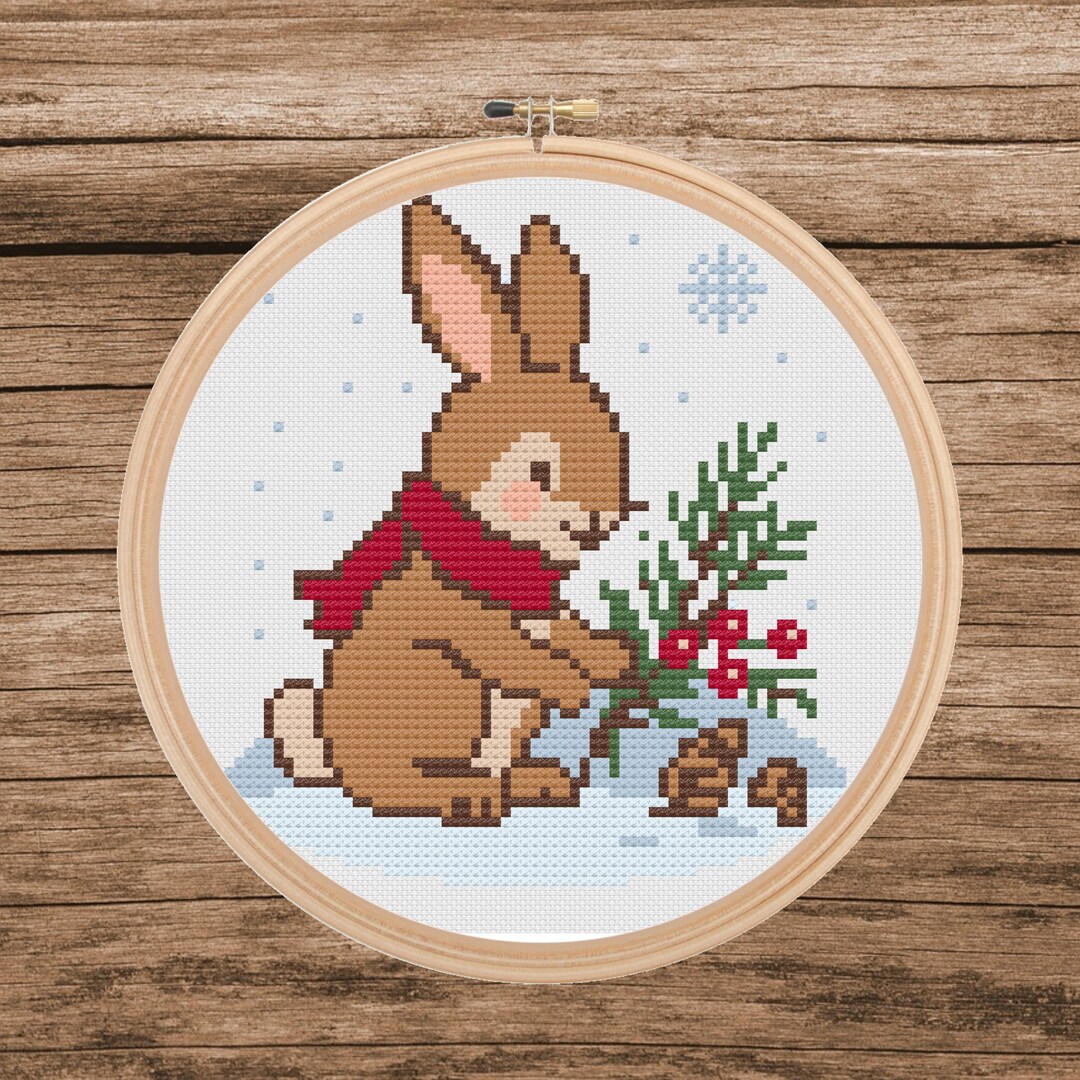 Bunny With Evergreen Sprigs Cross Stitch Pattern | Winter Bunny PDF ...