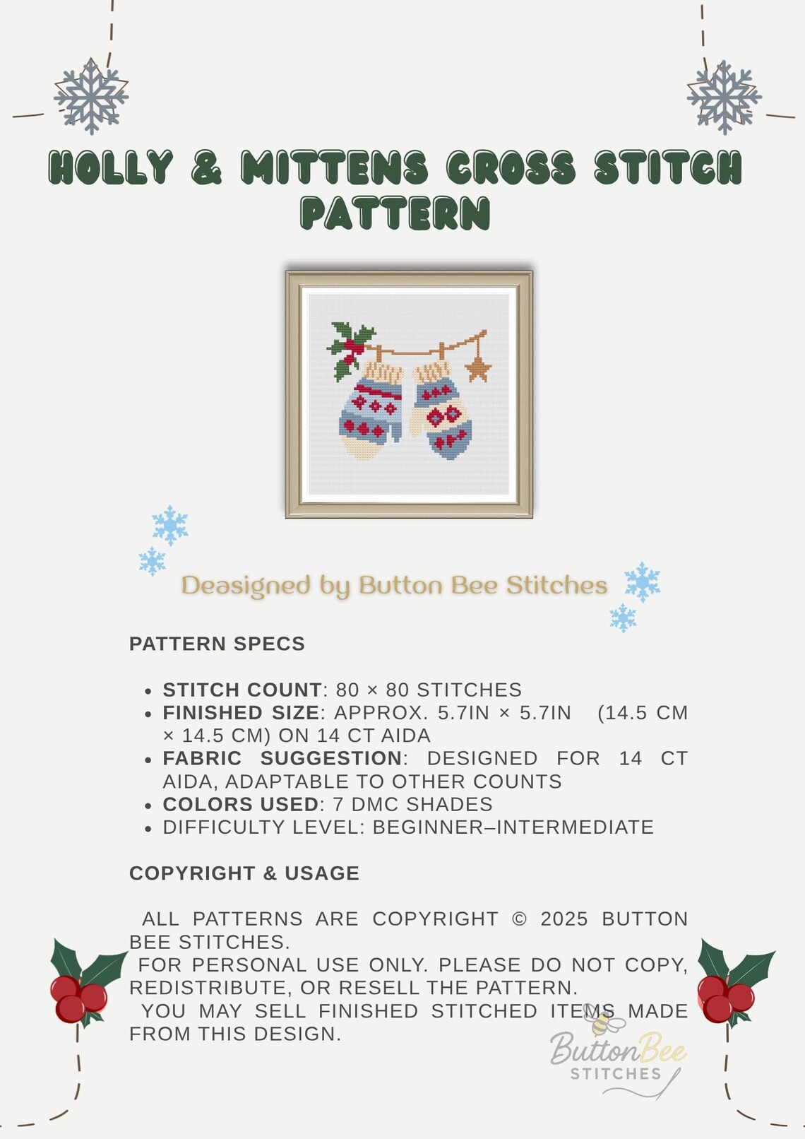 Winter Mittens & Holly Star Cross Stitch Pattern | Cozy Holiday PDF ...