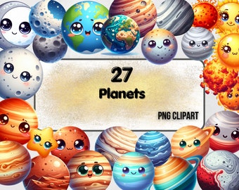 Cute Solar System Clipart Planets Clip Art Set, Space, Earth, Moon ...