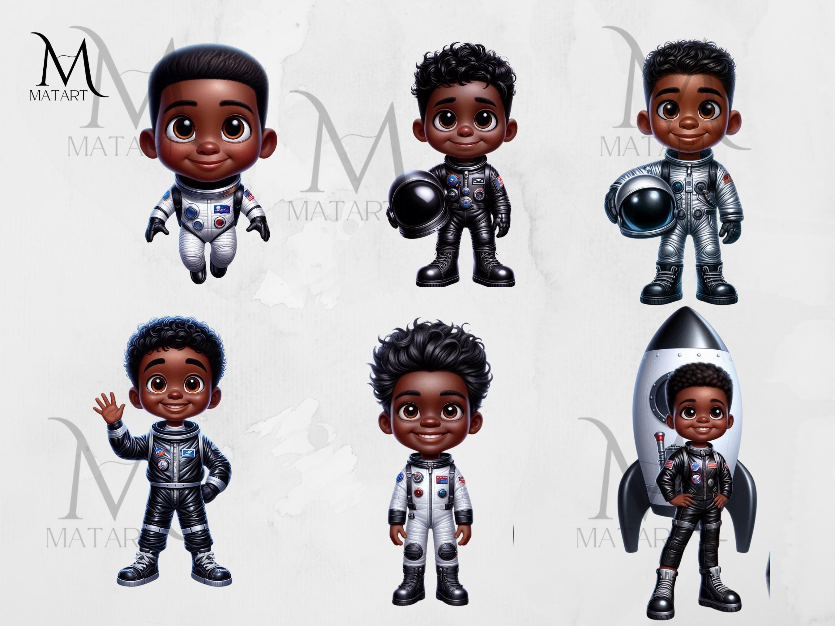 African Astronaut Kids PNG Clipart Set, Cartoon Girls and Boys Clipart ...