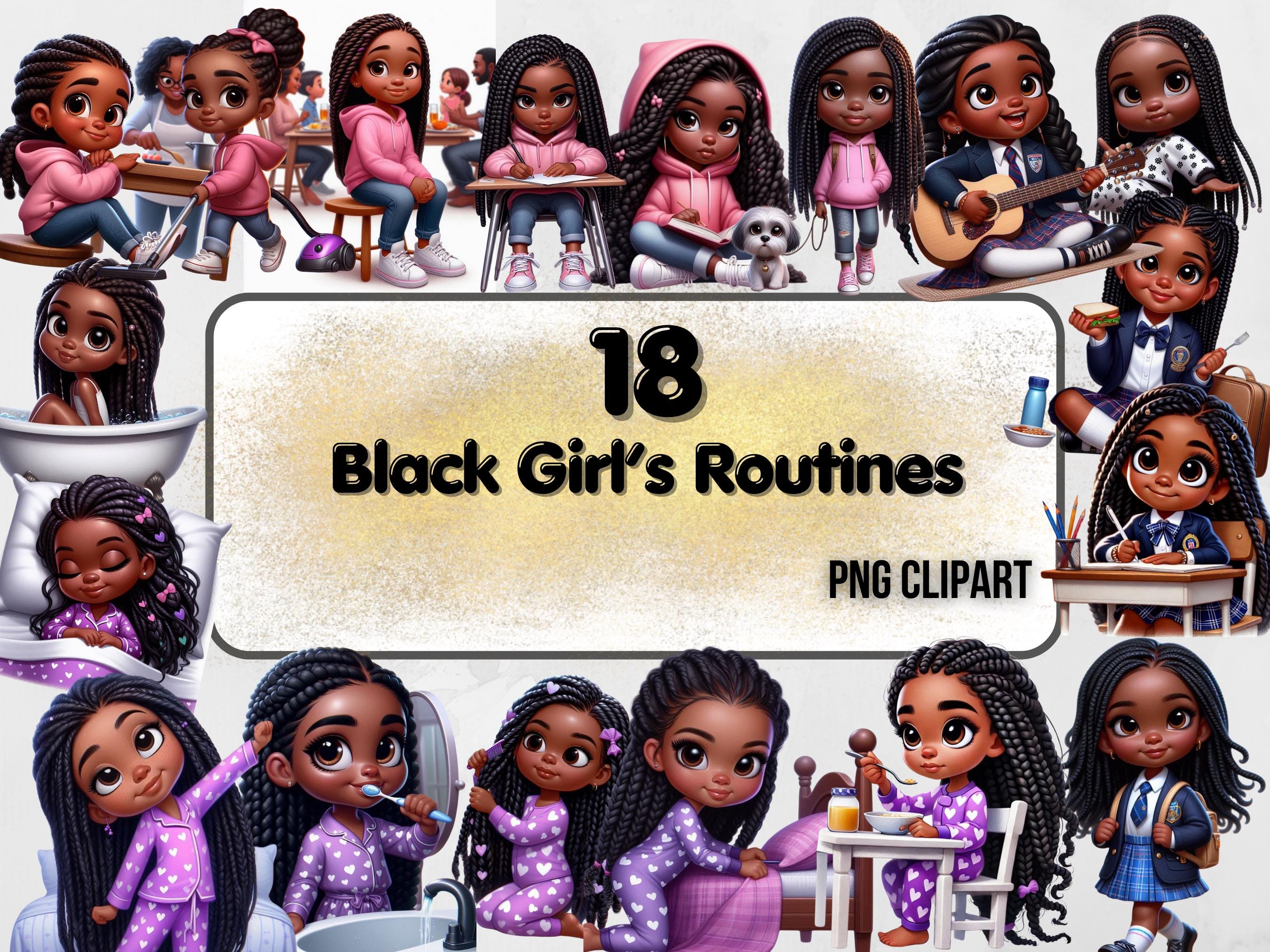 Every Day Routines, Kids Routine, Black Girl Clipart, Digital Clipart ...