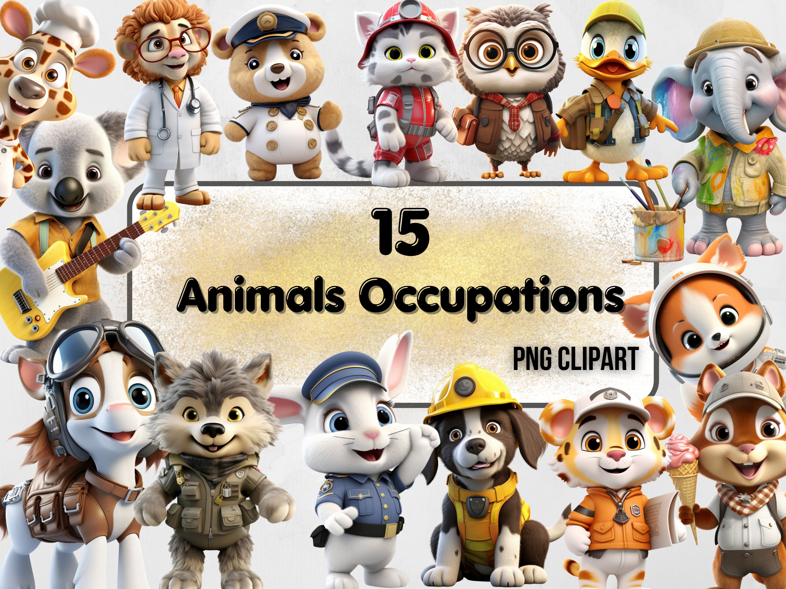 Cute Animals Jobs Clipart Cartoon Style Animals Fairy Tale Kid Book ...