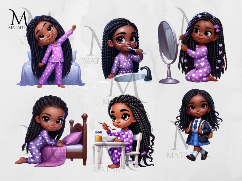 Every Day Routines, Kids Routine, Black Girl Clipart, Digital Clipart ...