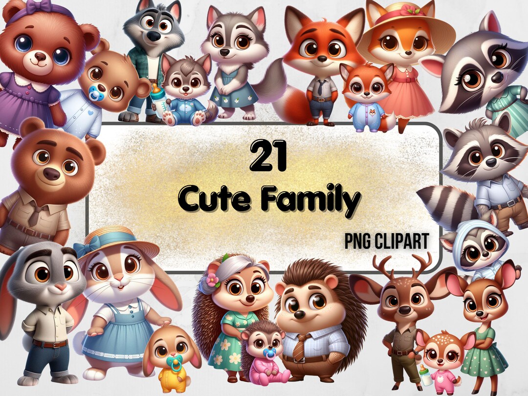 Cute Animal Family, Cute Mom, Dad and Baby Animals Clipart, Forest ...