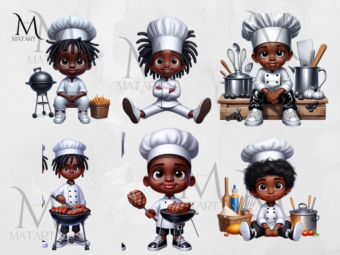 Black Boys Chef Clipart: Kids Cooking Illustrations (PNG Digital ...
