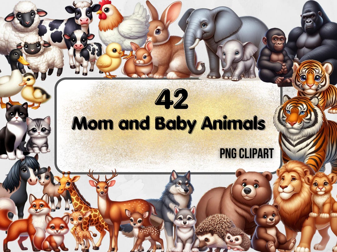 Mom and Baby Animals Clipart: Realistic PNG Images (digital Download ...