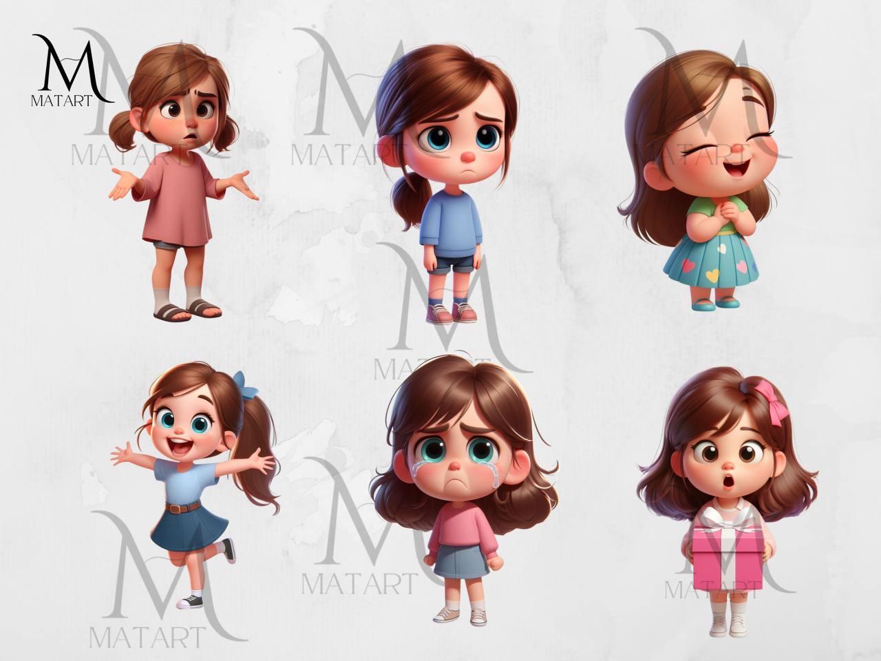 Cute Kids Emotions PNG Clipart Set. Cartoon Girl With Different Facial ...