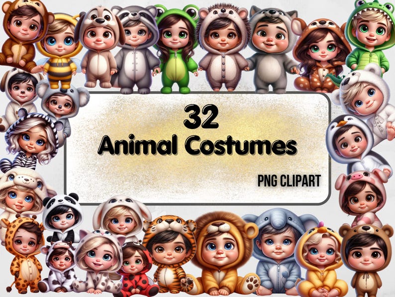 Kids in Plush Animal Costumes Clipart, Cute Animals, PNG Files ...