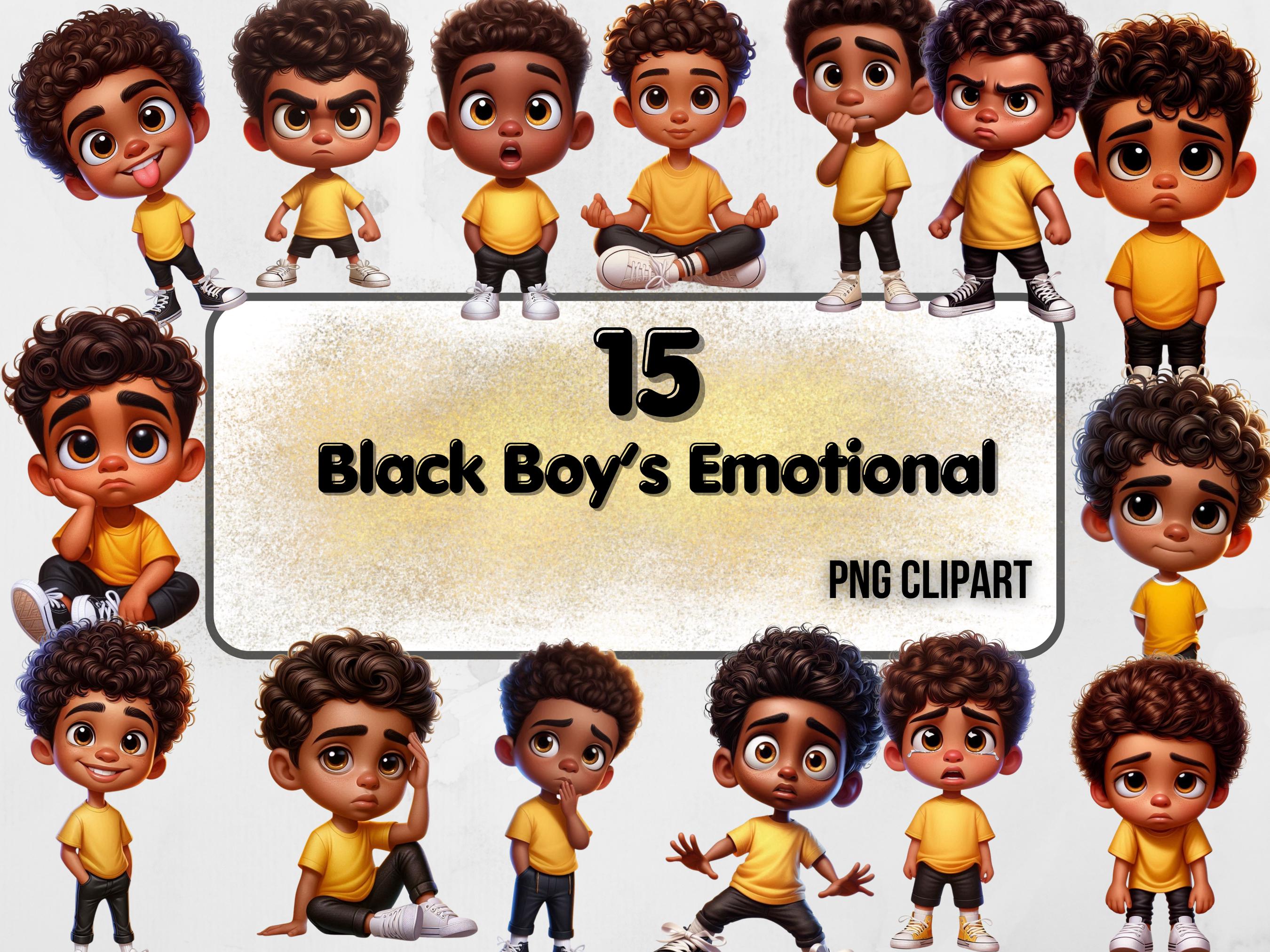 Black Boy's Emotions PNG Clipart Set, Cartoon Boy With Different Facial ...
