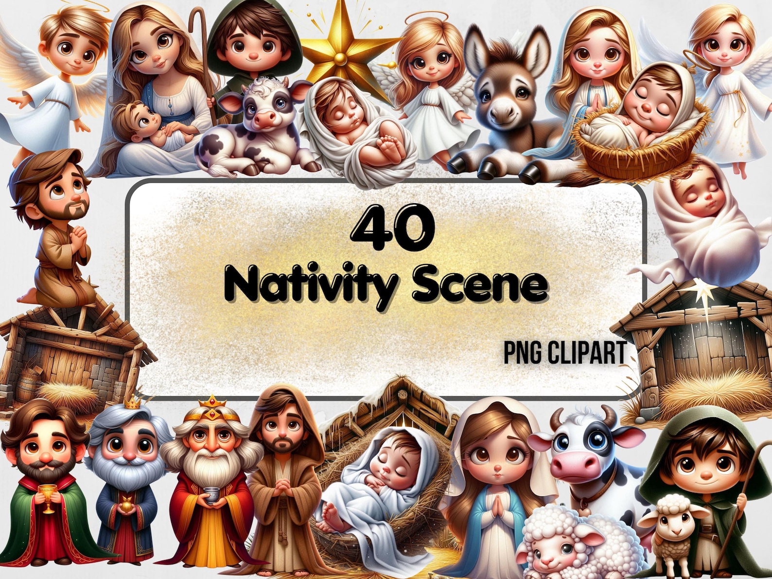 Cute Nativity Scene Clipart, Jesus Birth Illustration, Three Kings ...