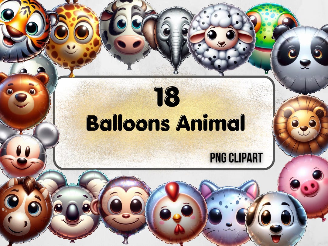 Animal Balloons Clipart: Birthday Party PNG Graphics (digital Download ...