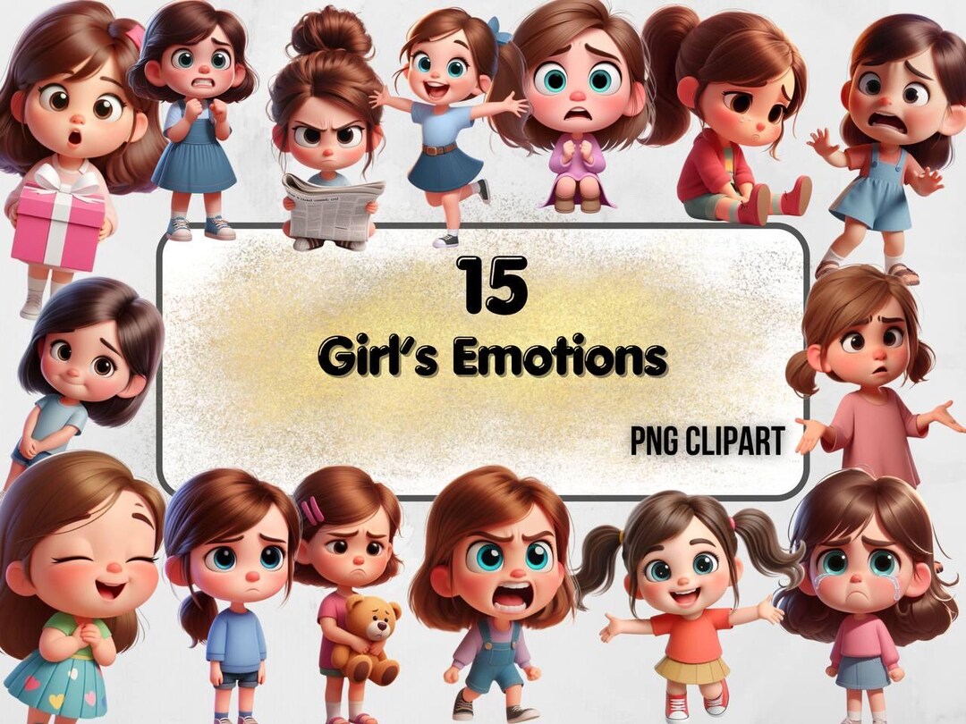 Cute Kids Emotions PNG Clipart Set. Cartoon Girl With Different Facial ...