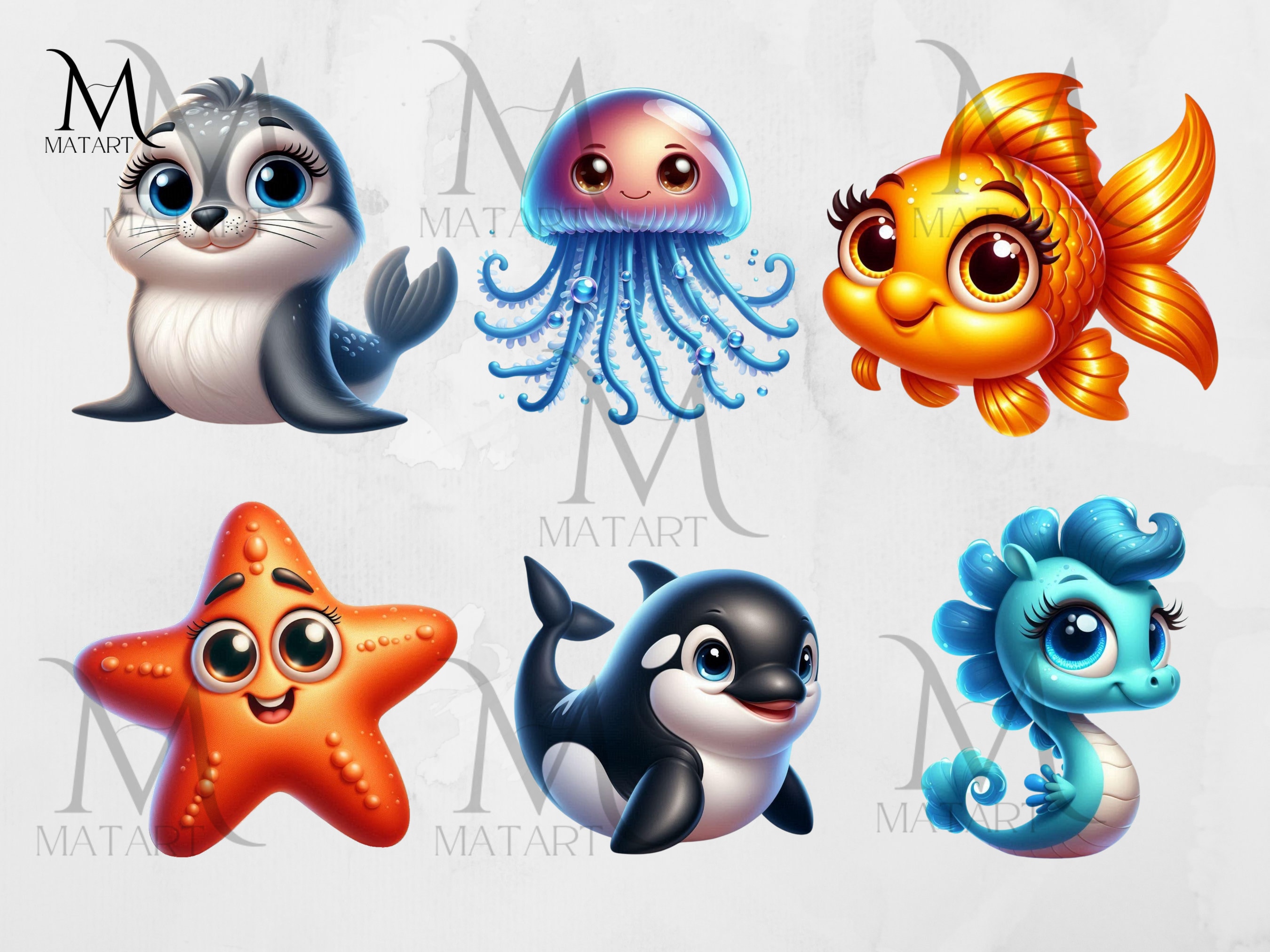 Cute Ocean Animals Clipart Cartoon Style Animals Fairy Tale Kid Book ...