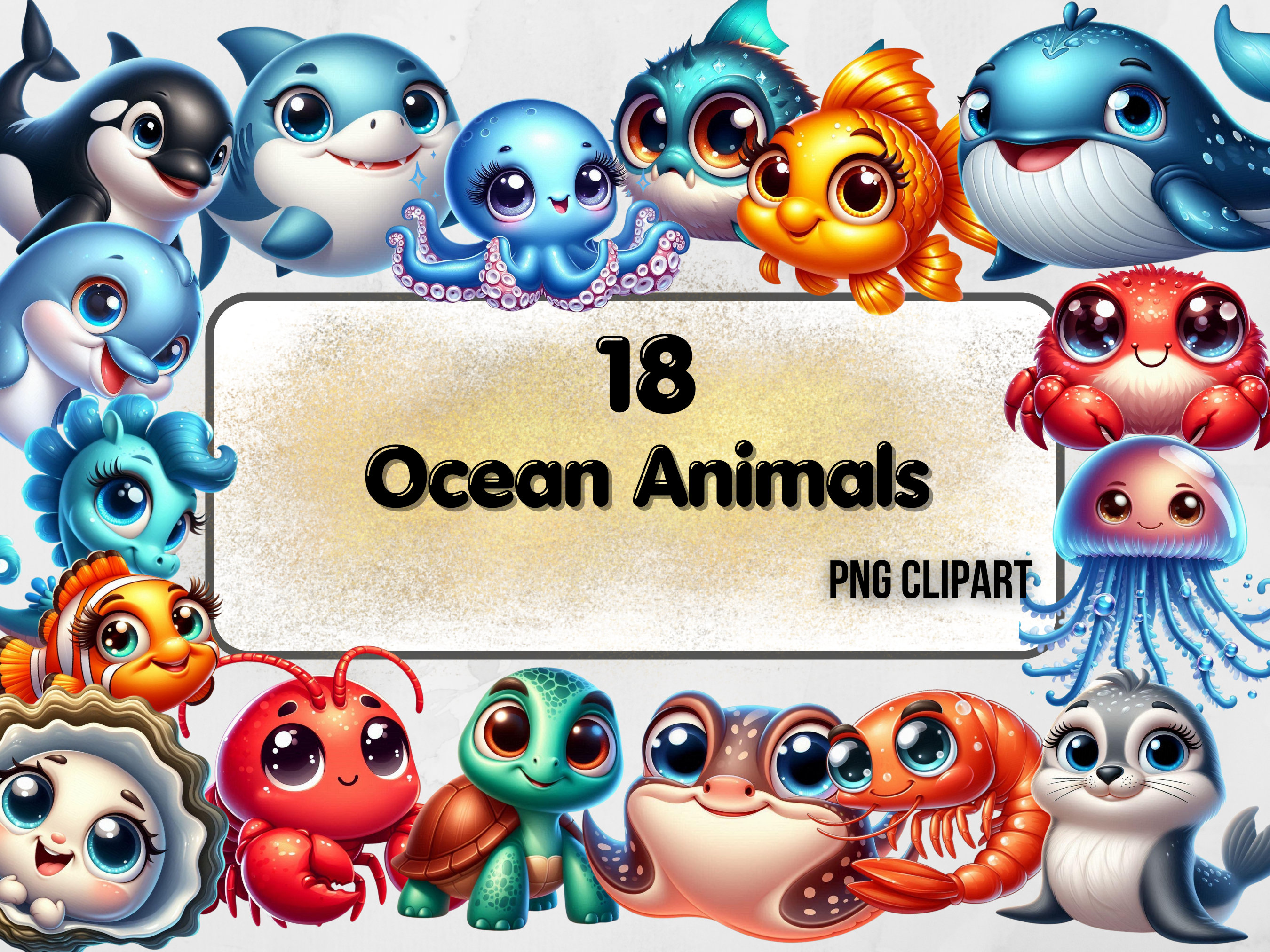 Cute Ocean Animals Clipart Cartoon Style Animals Fairy Tale Kid Book ...