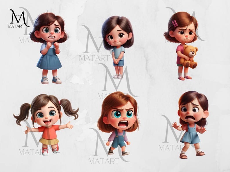 Cute Kids Emotions PNG Clipart Set. Cartoon Girl With Different Facial ...
