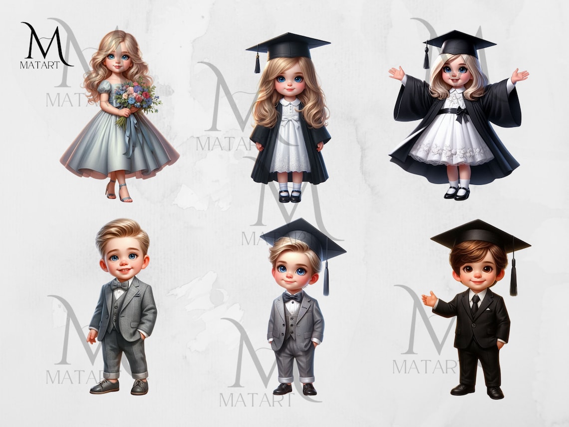 Graduation Boys and Girls Clipart, Bundle Set PNG Files 300 Dpi ...