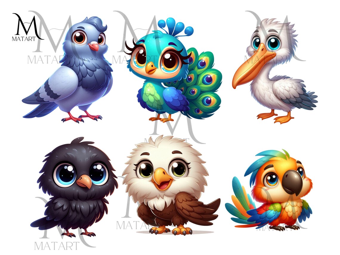 Cute Birds Clipart Cartoon Style Animals Fairy Tale Kid Book Characters ...