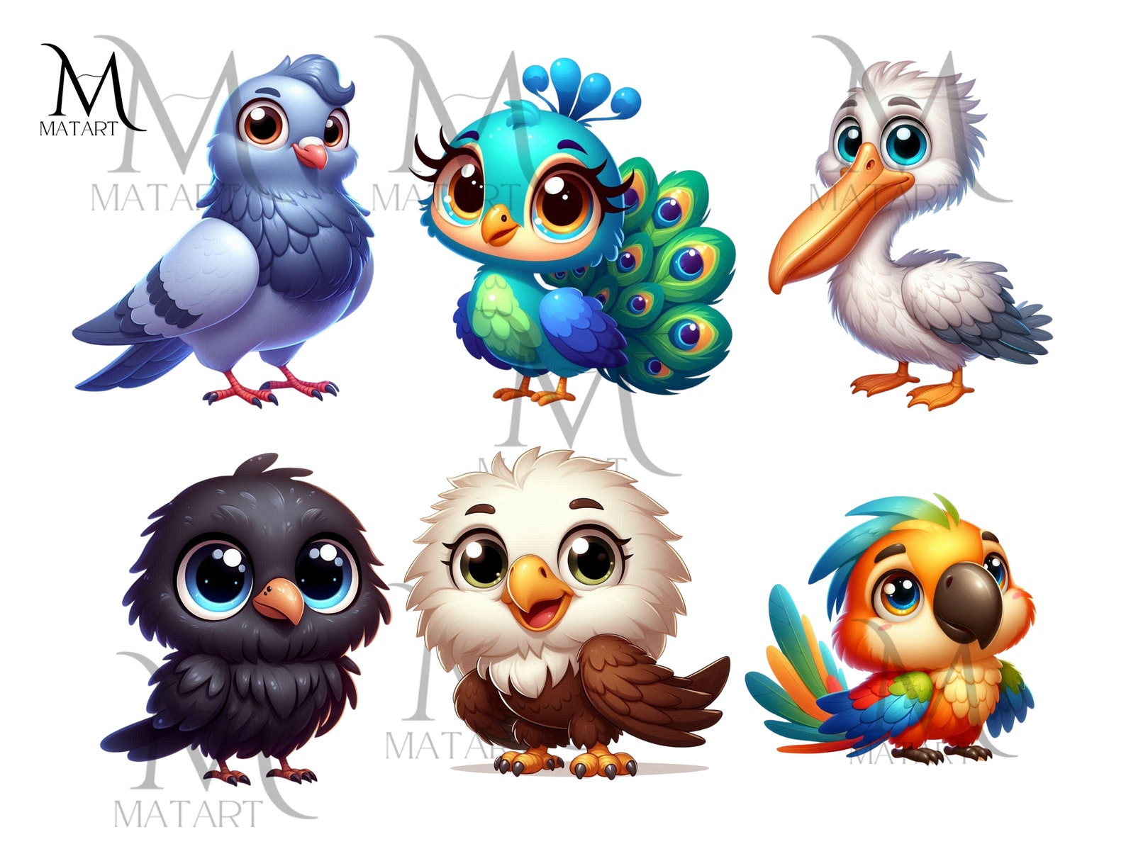 Cute Birds Clipart Cartoon Style Animals Fairy Tale Kid Book Characters ...