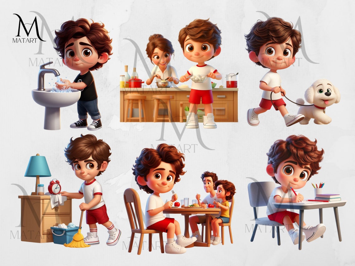 Every Day Routines, Kids Routine, Boy Clipart, Digital Clipart, Cute ...