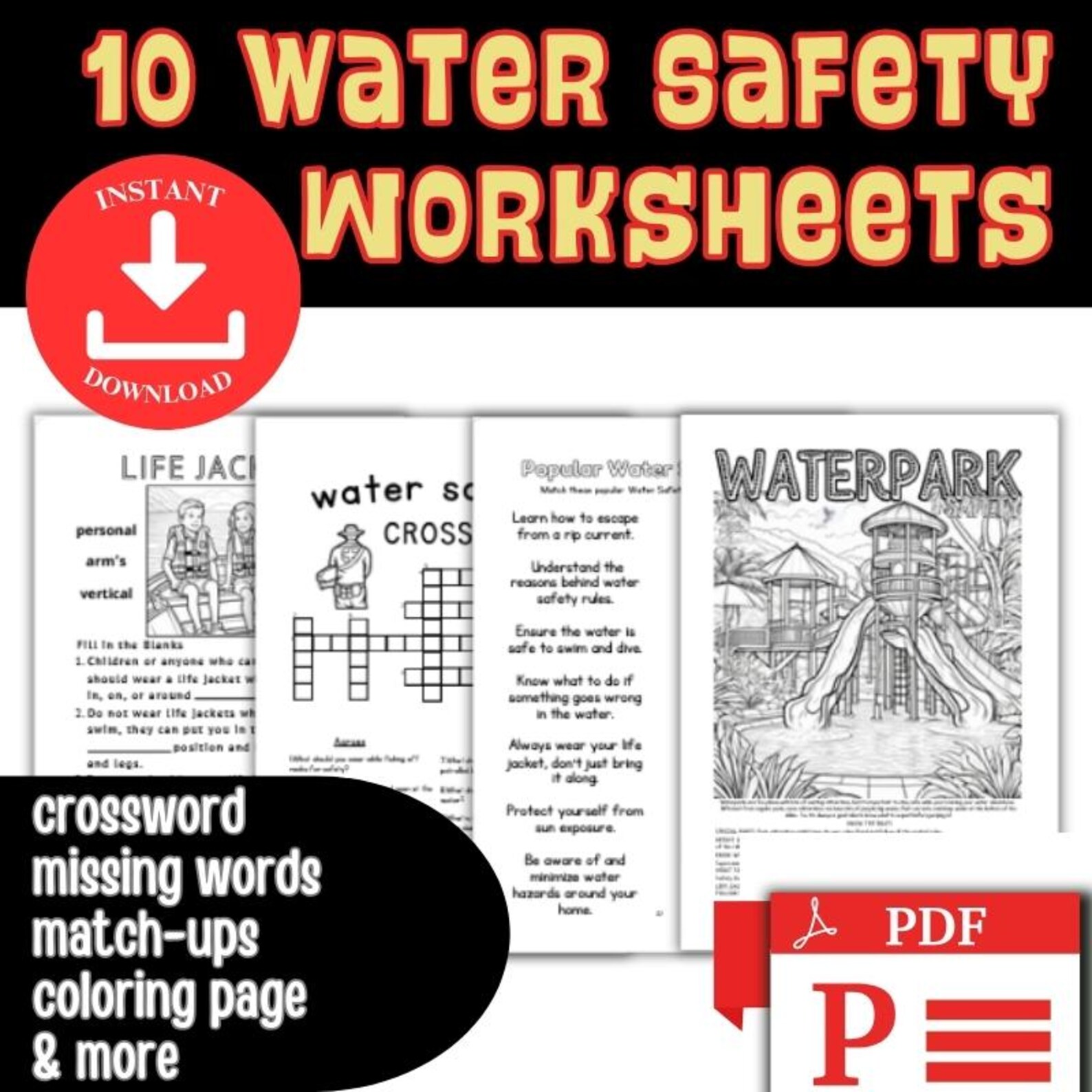 8-12yo Water Safety Worksheets for Kids Crossword Color in Sheets ...