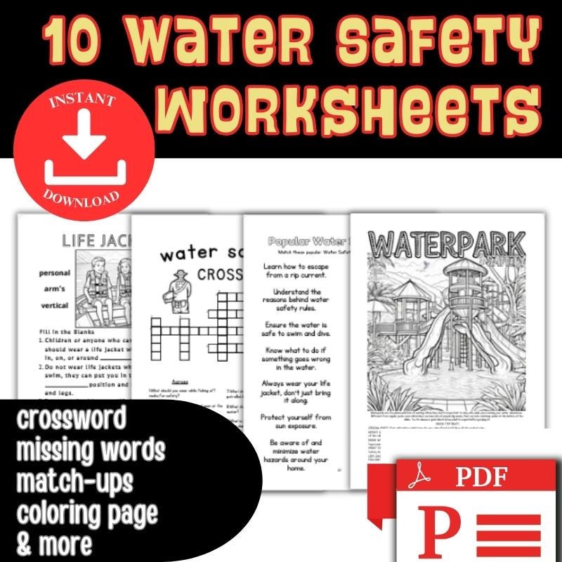 8-12yo Water Safety Worksheets for Kids Crossword Color in Sheets ...