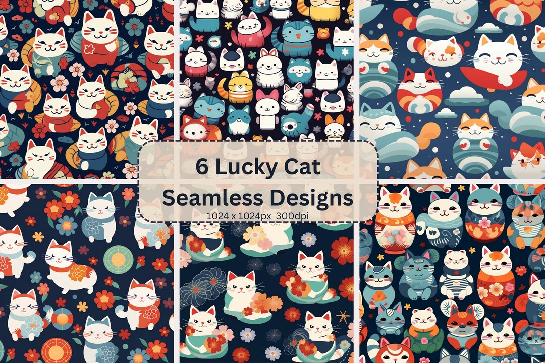 6 Lucky Cat maneki-neko Seamless Designs Lucky Cat Designs - Etsy