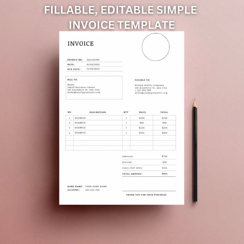 INVOICE TEMPLATE, Simple Canva Template, Instant Download, Easy to Use ...