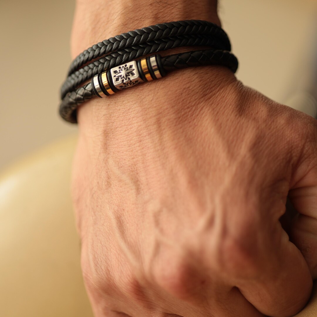 Braided Black Leather Compass Bracelet - Silver & Gold Stainless Steel ...